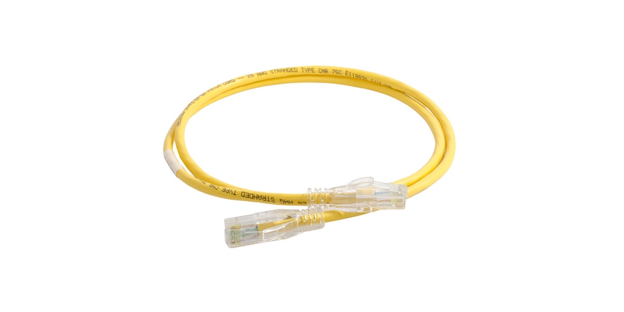 Cat 6A Patch Cord, 28AWG, Stranded, Yellow, 4 Pairs, Length 15 ft.