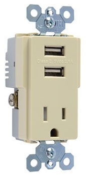 Combination USB Port and Receptacle,15 A, 2.1 A USB,Ivory,USB ...