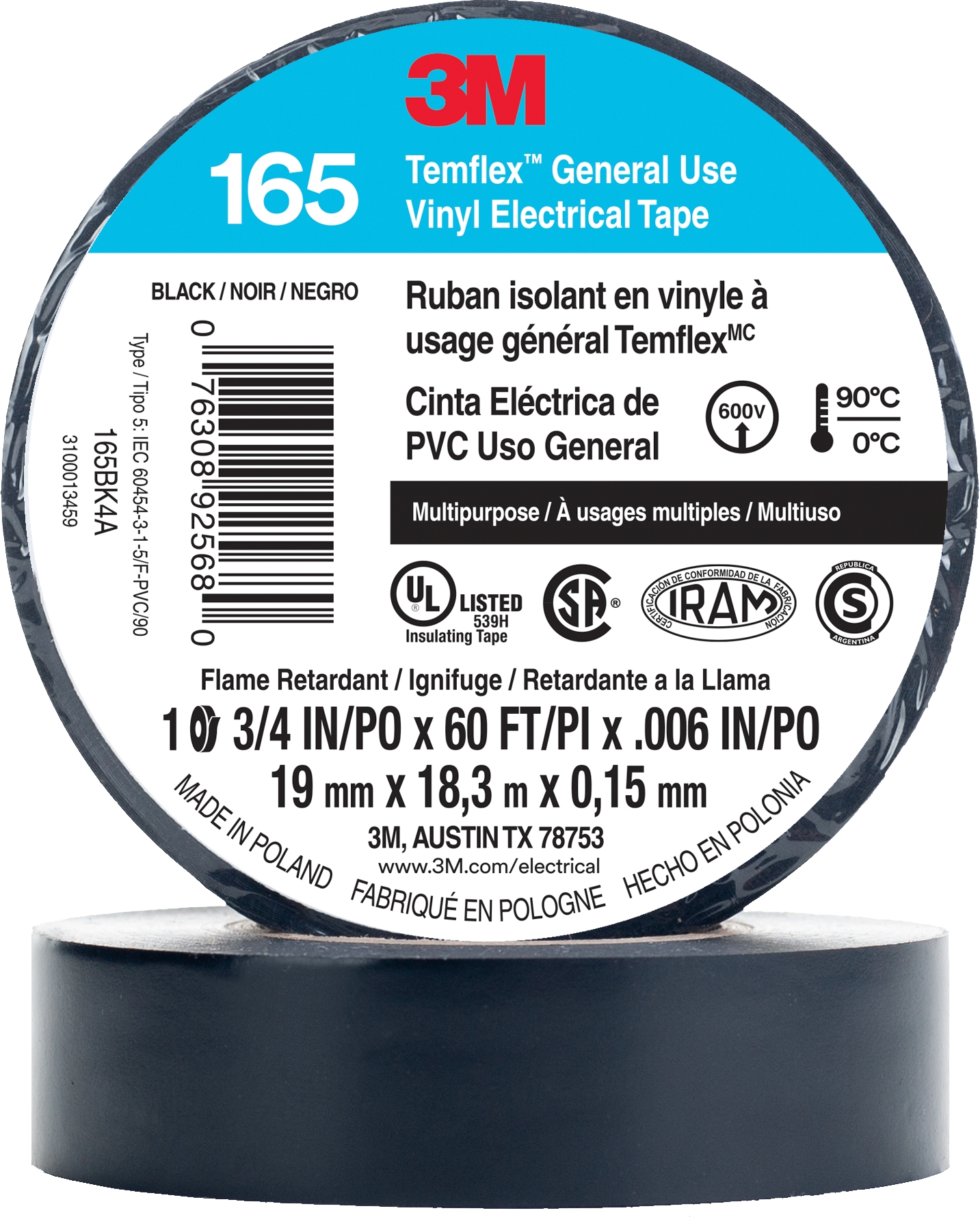 TAPE, TEMFLEX ELEC VINYL 165, 3/4" X 60', 6 MILS, BLK, 600V, 32-194 DEG-F