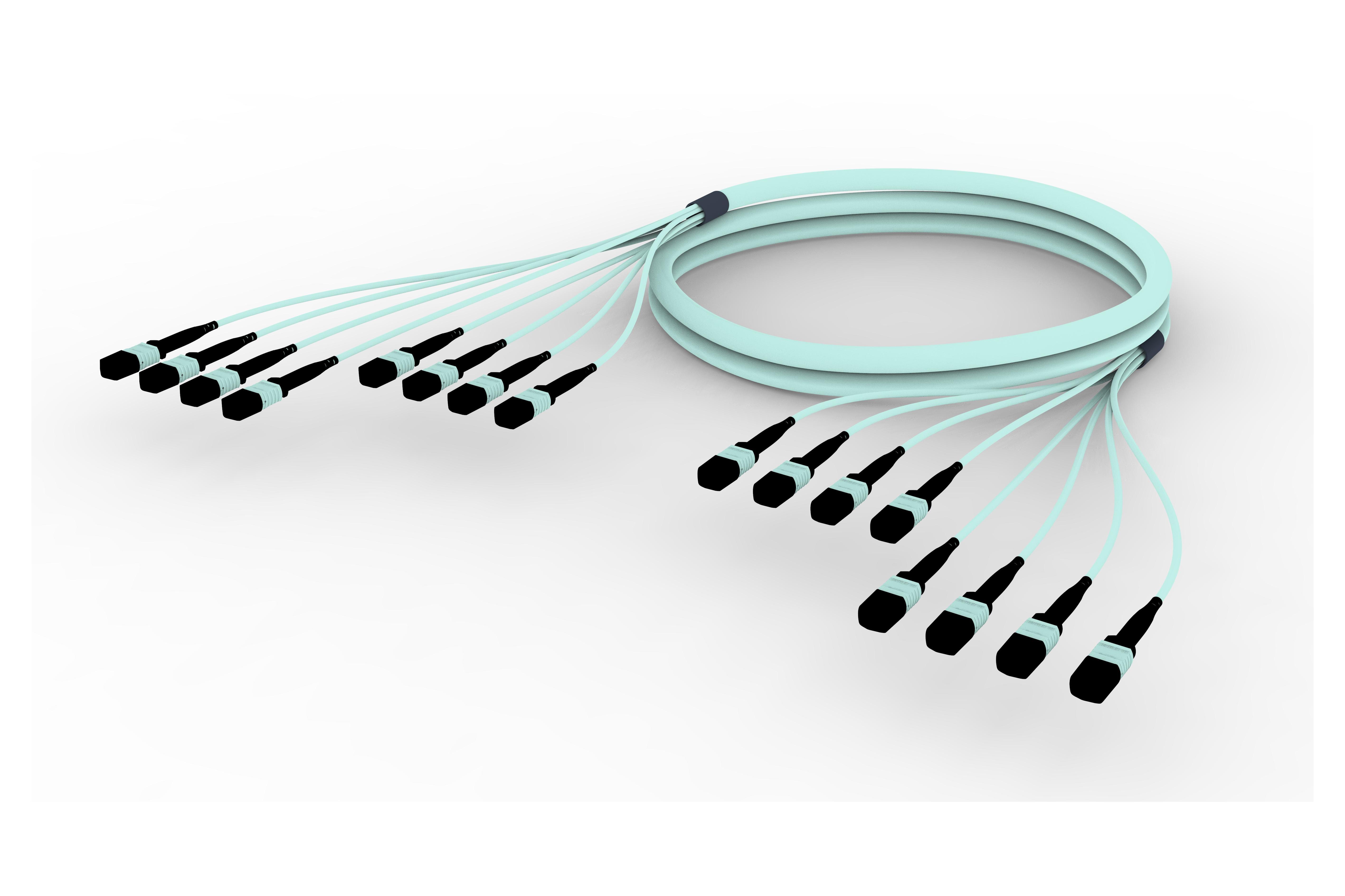 Fiber Trunk Cable Assembly, OM3, 98 ft. lg, Stranded, Fiber, Aqua, MPO ...
