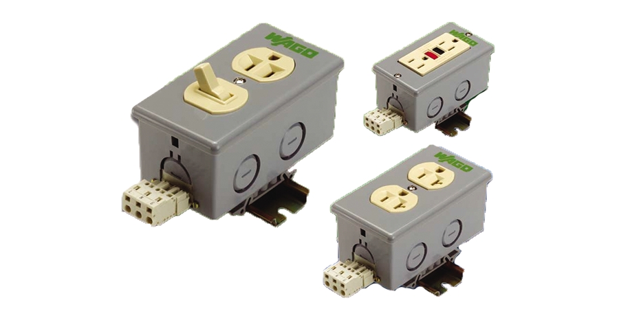 OUTLET BOX DUPLX GFCI 120V/15A PREWIRED 28-12AWG EXTERNAL CON DIN MOUNT